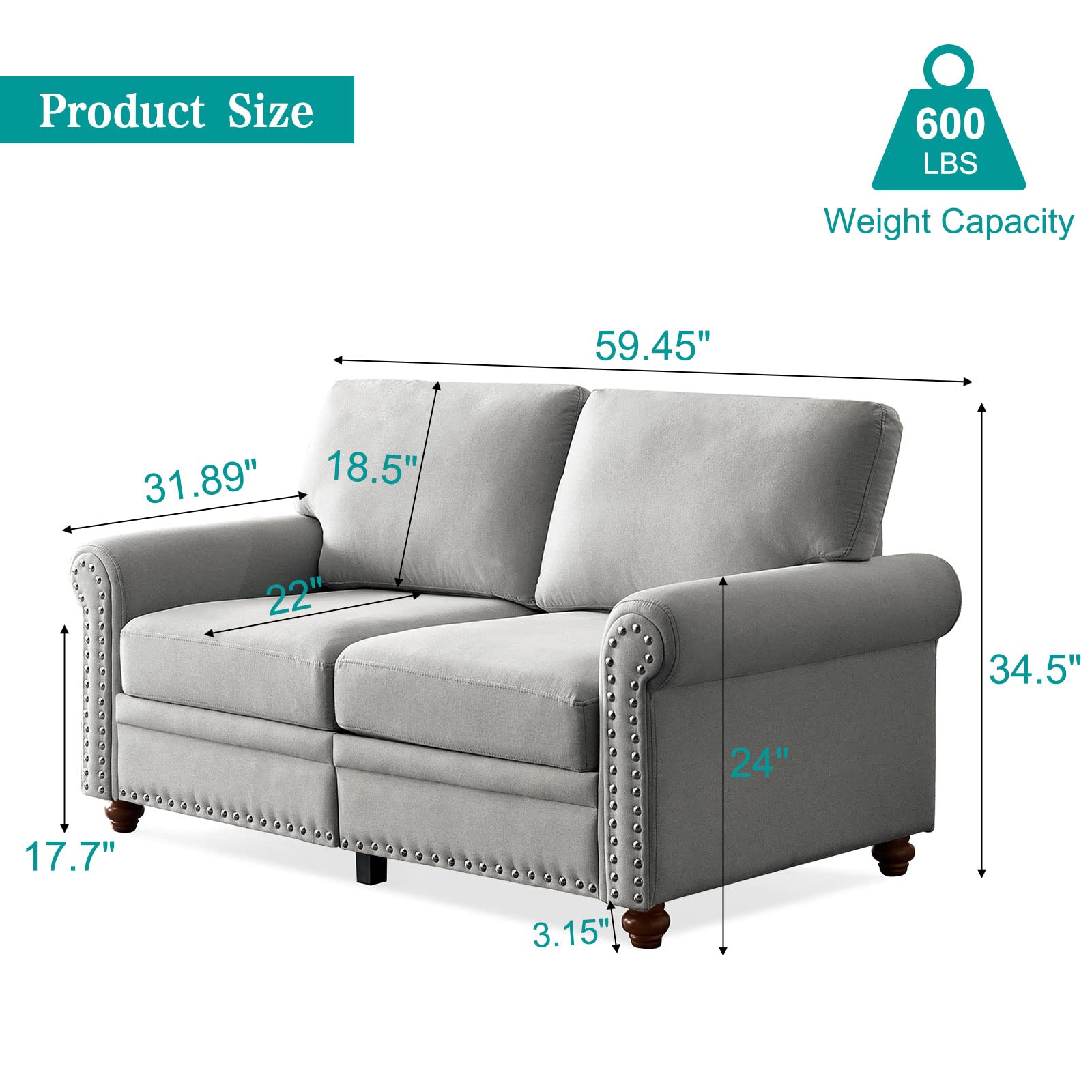 CALABASH Loveseat Sofa, Modern Upholstered Love Seat 2 Seater Small Couch with Classic Nails & Seat Cushion Backrest Removable for Living Room, Bedroom, Apartment, Small Space, 59Inch(Grey Fabric)