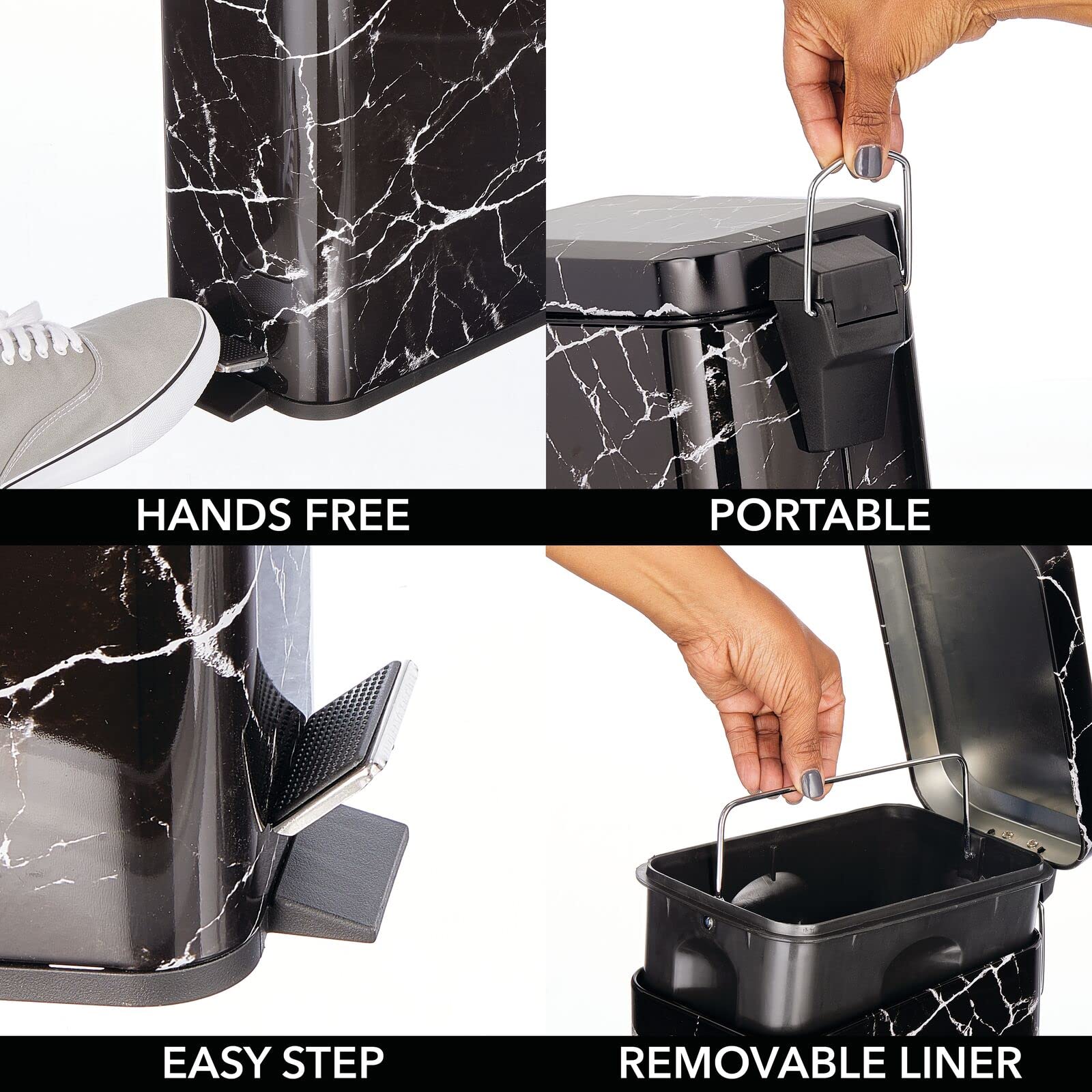 mDesign Small Modern 1.3 Gallon Rectangle Metal Lidded Step Trash Can, Compact Garbage Bin with Removable Liner Bucket and Handle for Bathroom, Kitchen, Craft Room, Office, Garage - Black Marble