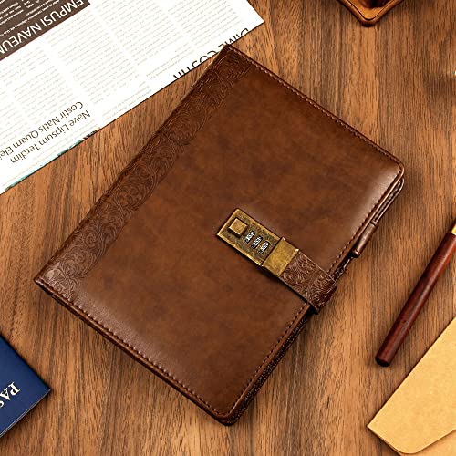CAGIE Journal with Lock for Adults, Large Refillable Lock Diary 6 Ring Binder Notebook with Lock for Men Women, 7 x 9 Inch, Brown