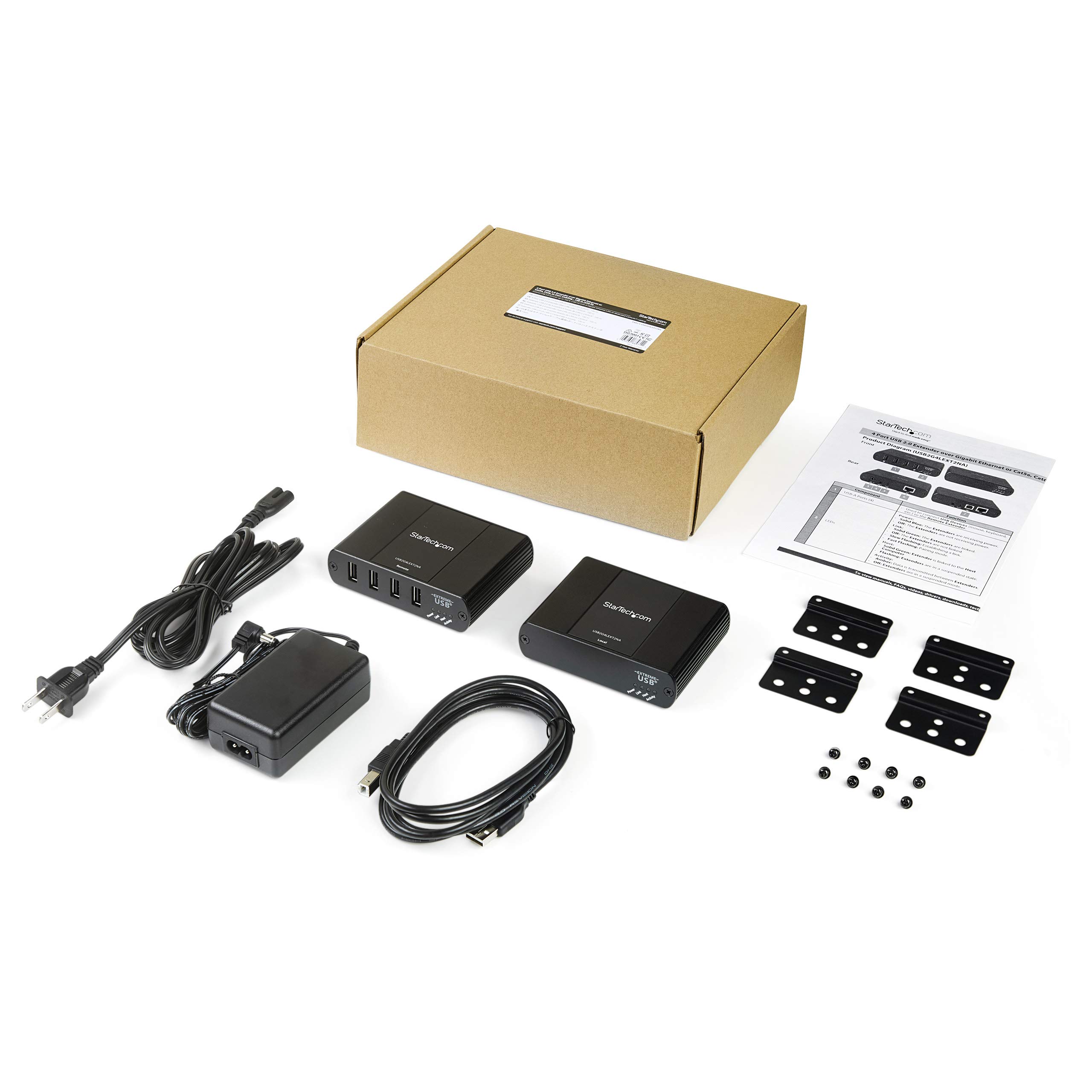 StarTech.com 4 Port USB 2.0 Extender Over Ethernet/IP Network Hub - Up to 330ft (100m) - USB Over Gigabit LAN or Direct Cat5e/Cat6 Cable (RJ45) Extender Adapter - USB Extender Kit (USB2G4LEXT2NA)
