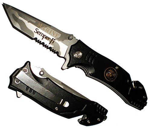 Black Handle Camo Blade SEMPER FI U.S. MARINES SPRING ASSISTED RESCUE POCKET KNIFE WITH GLASS BREAKER