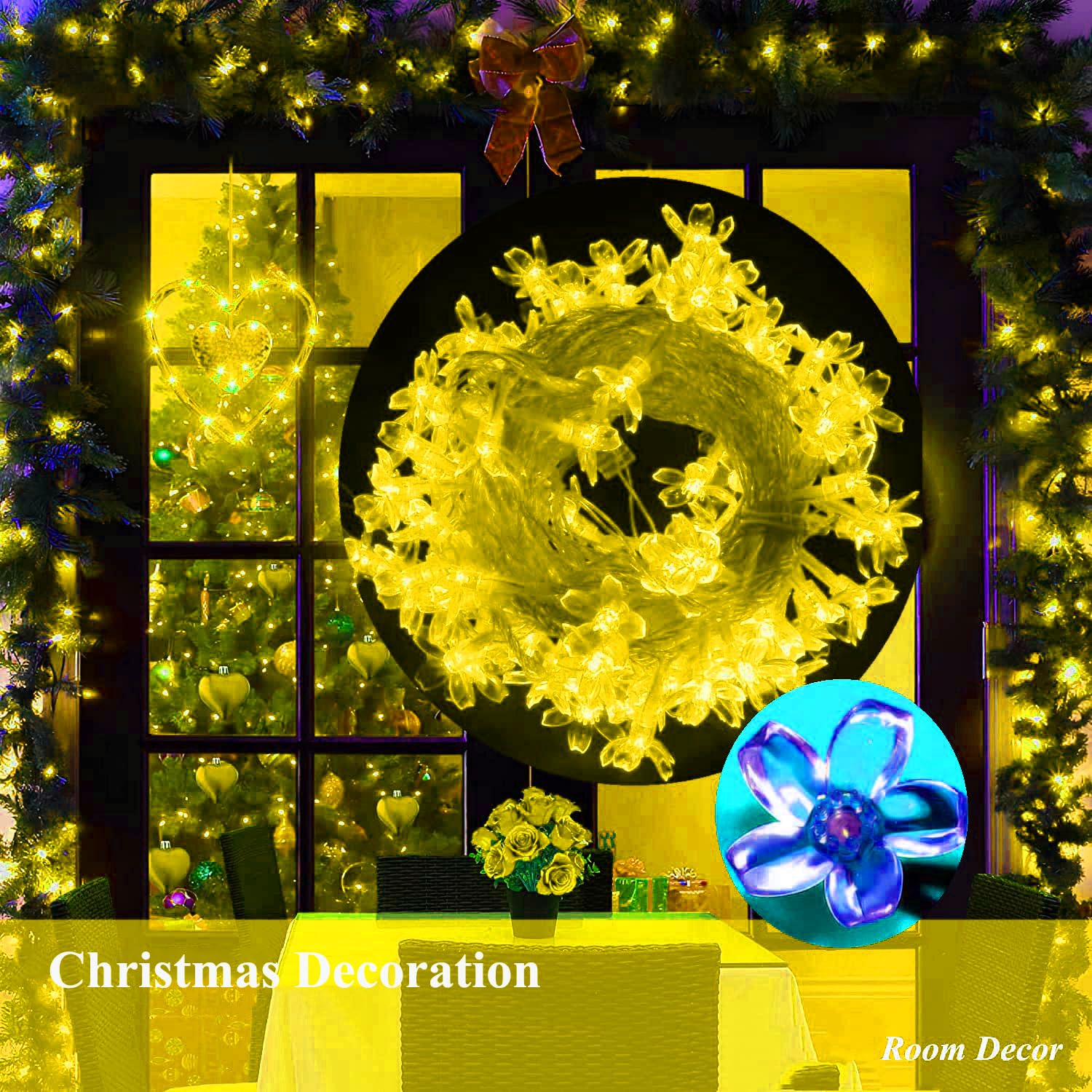 FULLBELL Fairy Lights Christmas Decorations Flower String Lights Home Decor 33 Feets 100 LED Memory Indoor Outdoor String Lights Fairy Lights Fairy Lights for Bedroom(Warm White)