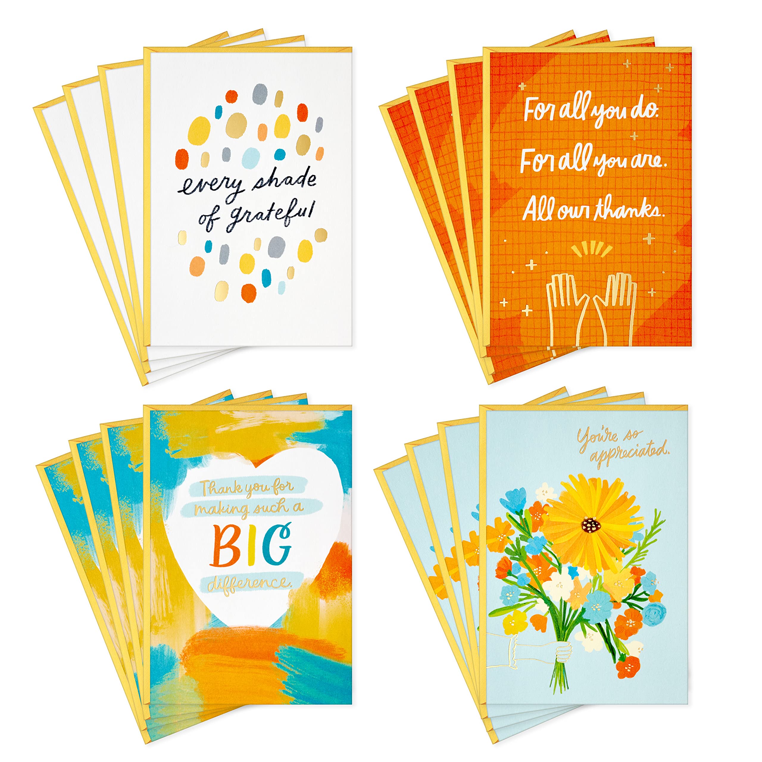 Hallmark Thank You Cards Assortment, Every Shade of Grateful (16 Thank You Notes with Envelopes) for Teacher Appreciation, Caregivers, Graduation