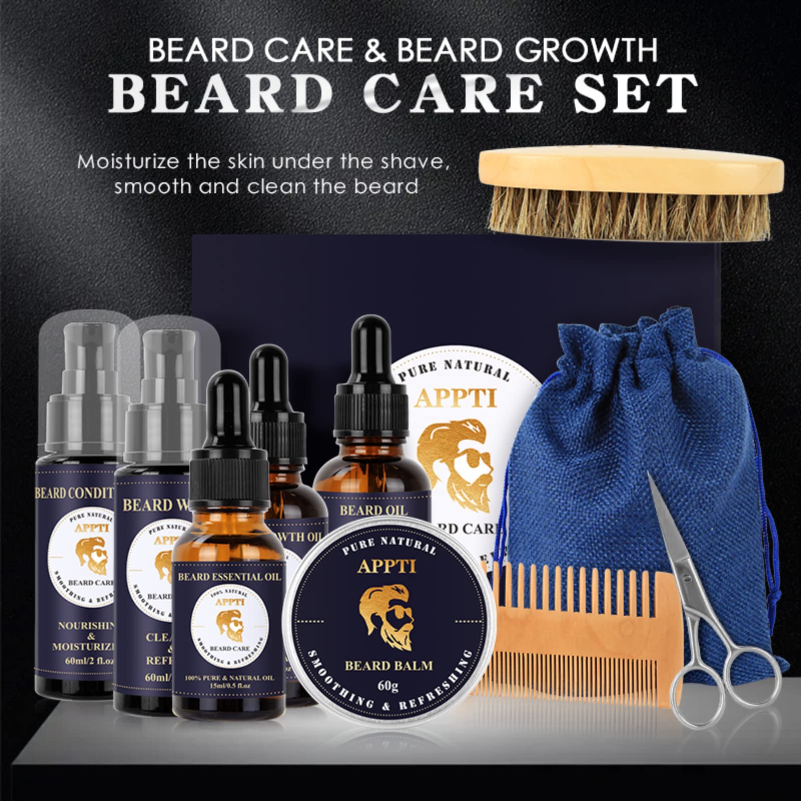 APPTI Beard Kit for Men,10Pcs Beard Care Set, Grooming & Trimming Tool Complete Set with Shampoo Wash, Beard Growth Oil, Balm, Brush, Comb, Scissors & Storage Bag, Gifts for Father Husband Boyfriend
