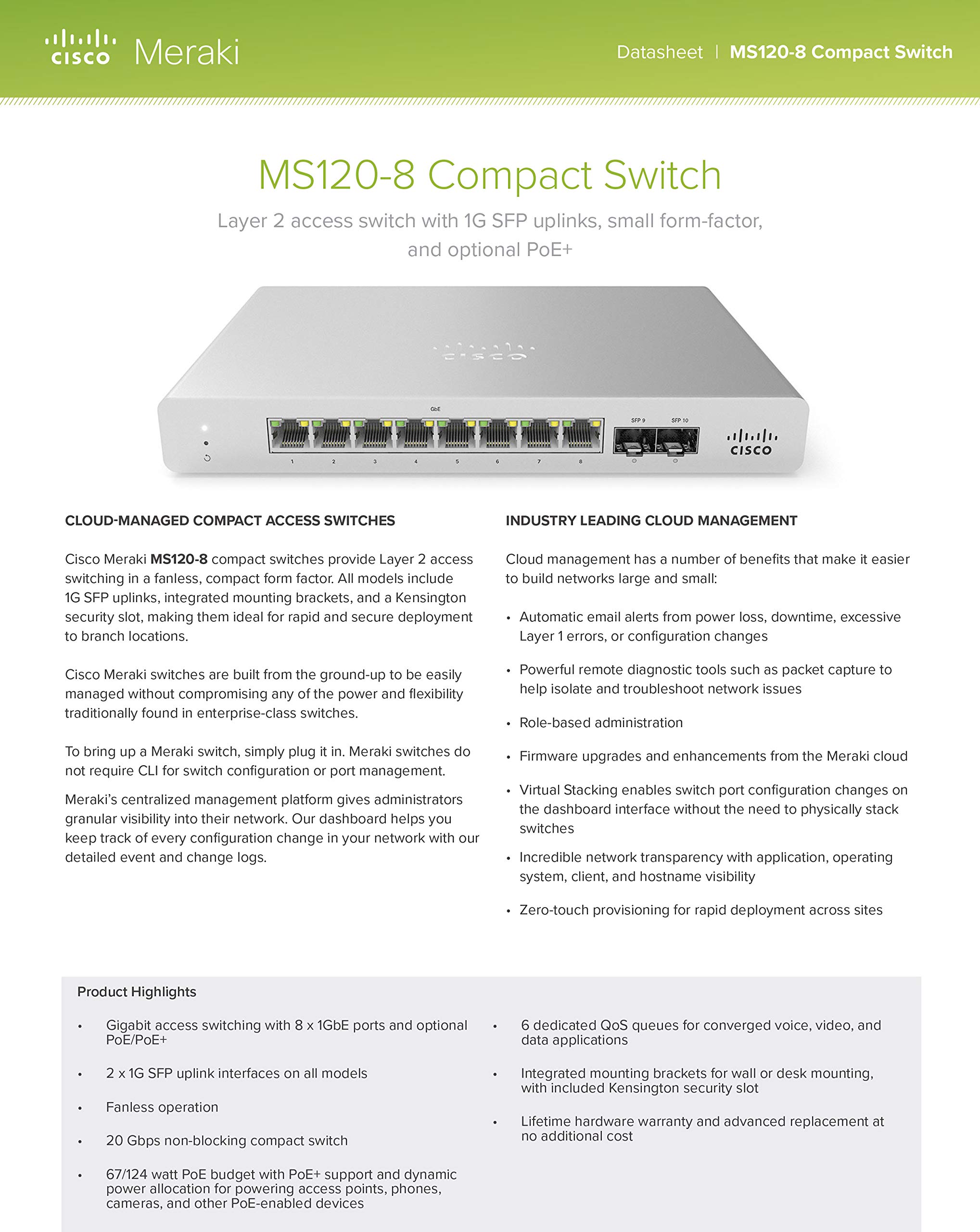 MS120-8LP-HW Cisco Meraki Cloud Managed Network Switch NO License