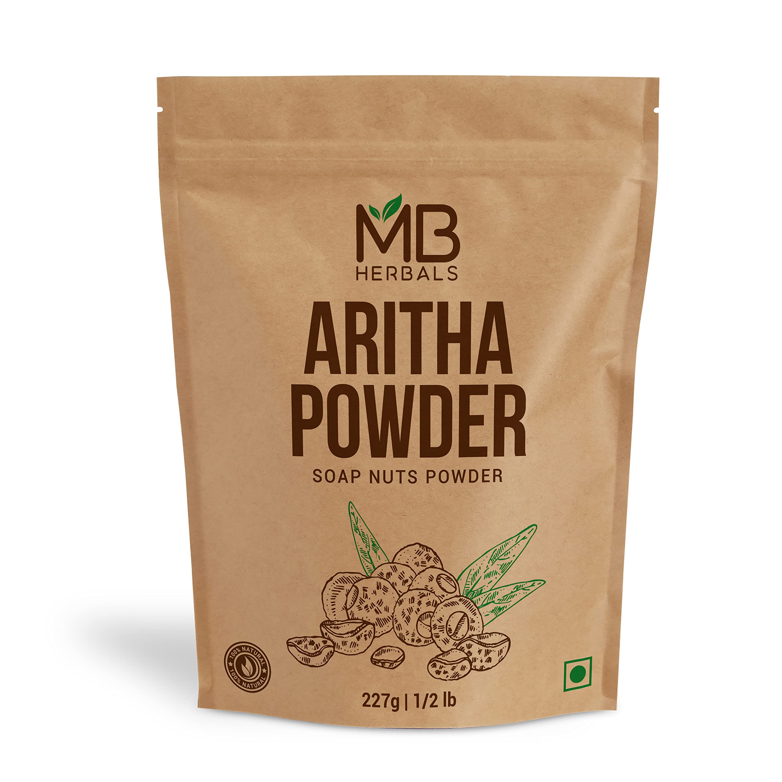 MB Herbals Aritha Powder 8 oz | 227G | 100% Pure & Organically Grown (Wild-crafted) Soap Nut Powder | Natural Hair Shampoo & Conditioner | Sapindus mukorossi