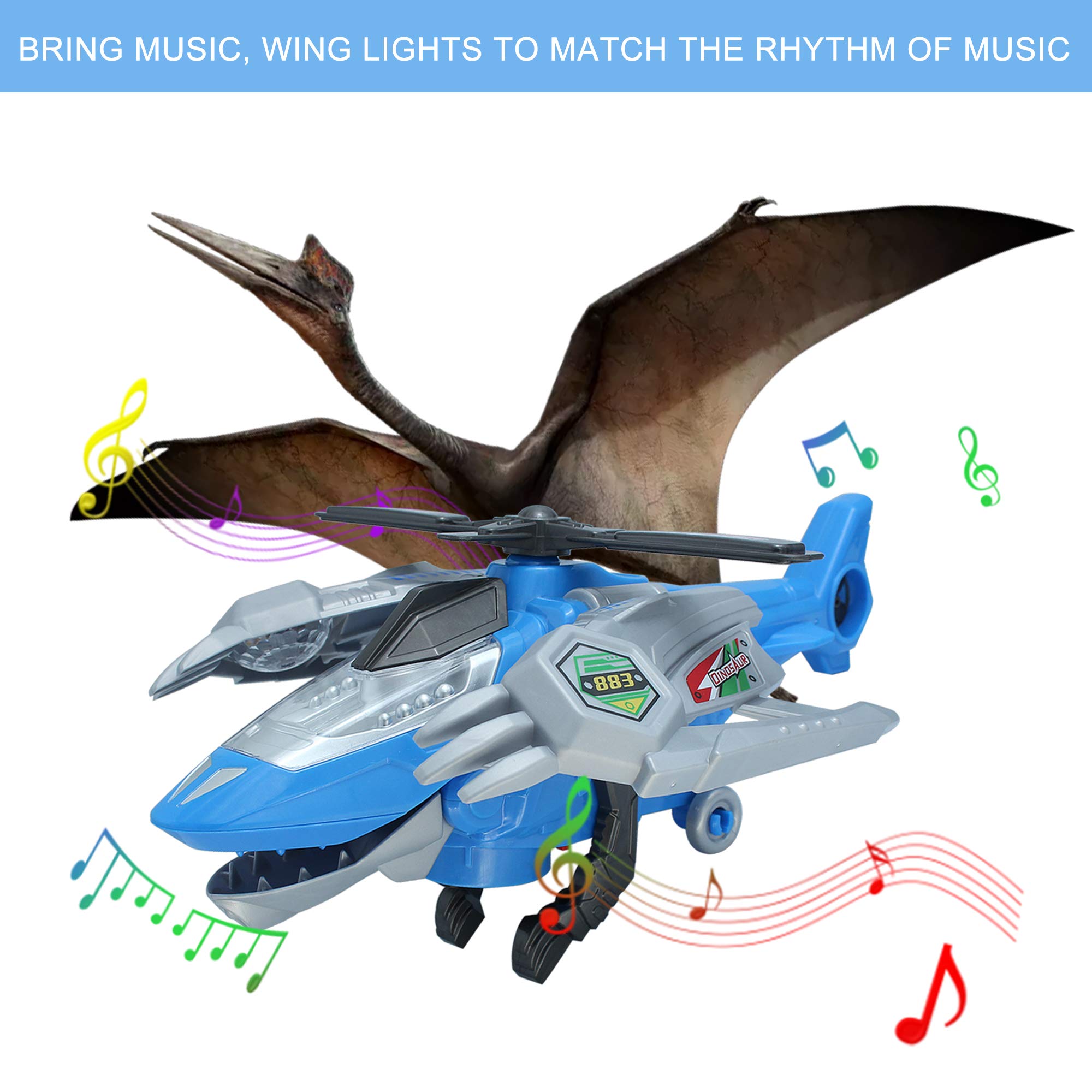 Elimiic Helicopter Toys for 3 4 5 6 Year Old Boys Automatic Transform Dinosaur Toys with LED Light and Music 4-6 Year Old Boy Birthday Gifts(Blue)
