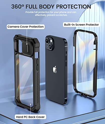 Caka for iPhone 14 Case, iPhone 13 Case with Screen Protector & Slide Camera Cover Heavy Duty Shockproof Phone Case for iPhone 13 iPhone 14 6.1 inches, Black
