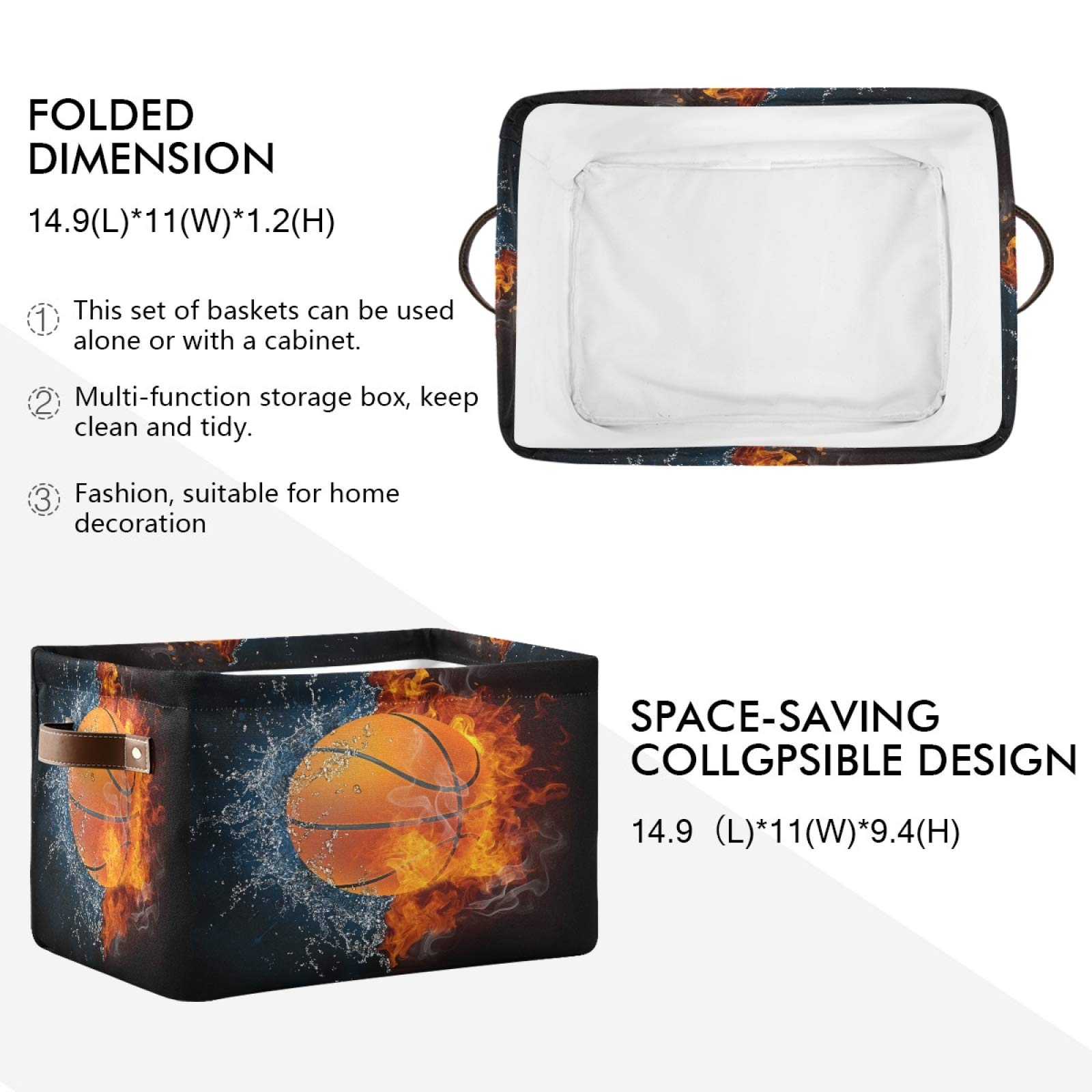 AUUXVA Storage Basket Fire Water Basketball Storage Cube Box Durable Canvas Collapsible Toy Basket Organizer Bin with Handles for Shelf Closet Bedroom Home Office