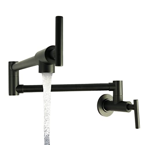 Black Pot Filler Faucet Commercial, Wall Mount Brass Faucet Kitchen Double Joint Spout Swing Arm Folding Stretchable Single Hole Two Handles for Hot or Cold Water