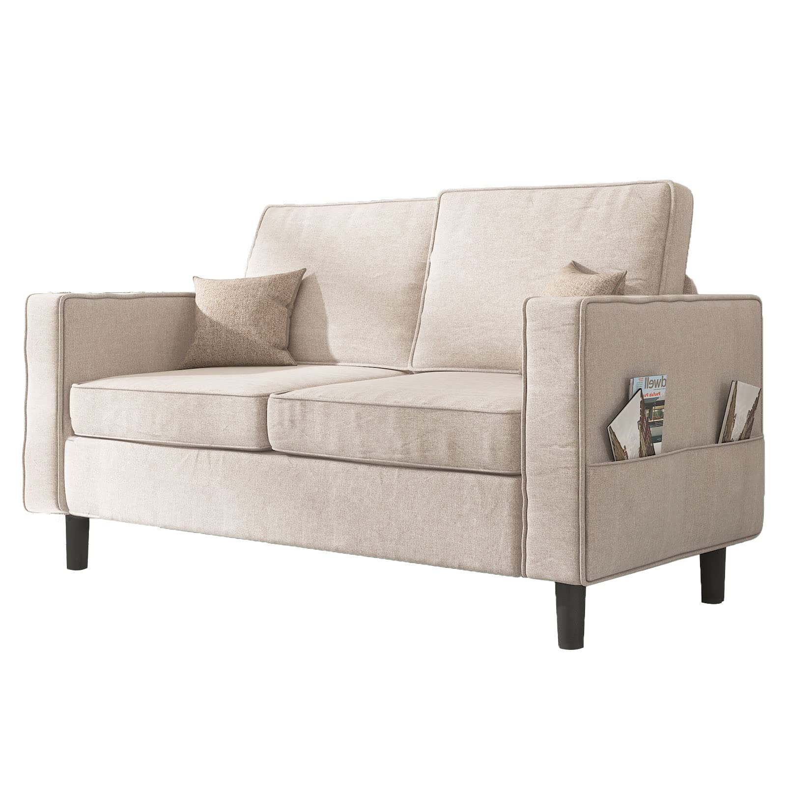Mjkone Loveseat Sofa with 2 Storage Side Pocket, 54.7'' Modern Fabric Love Seats, Easy Assembly/High Resilience Sponge/Real Wooden Frame and Solid Wood Sofa Legs(Beige, Loveseat)