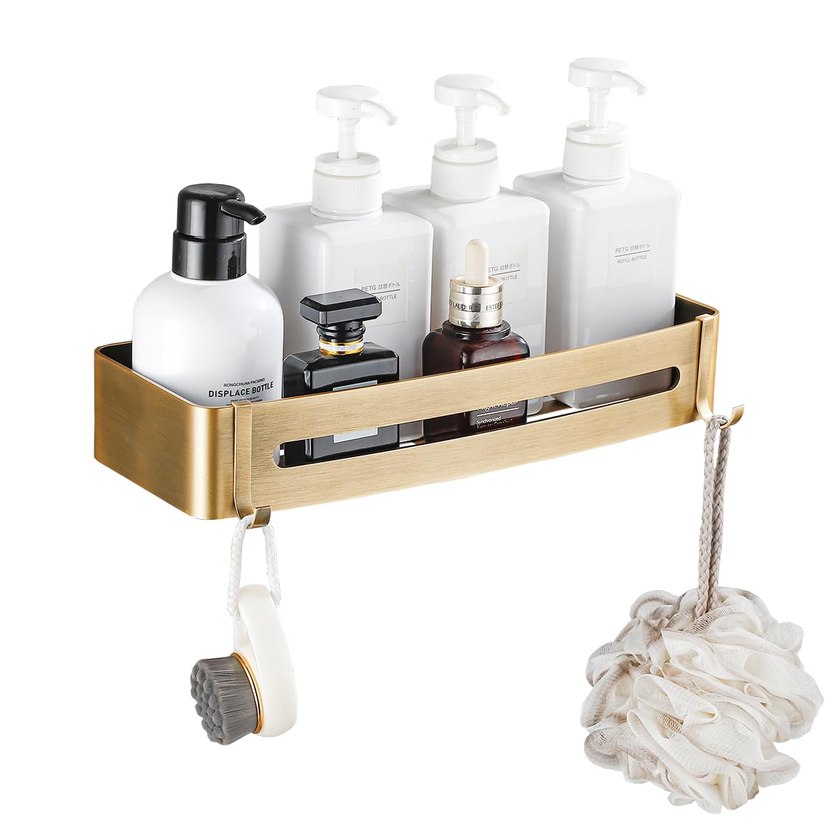 Bathroom Organizer Shelf Shower Caddy Shampoo Holder with Removable Hooks Rustproof Antique Brass Color