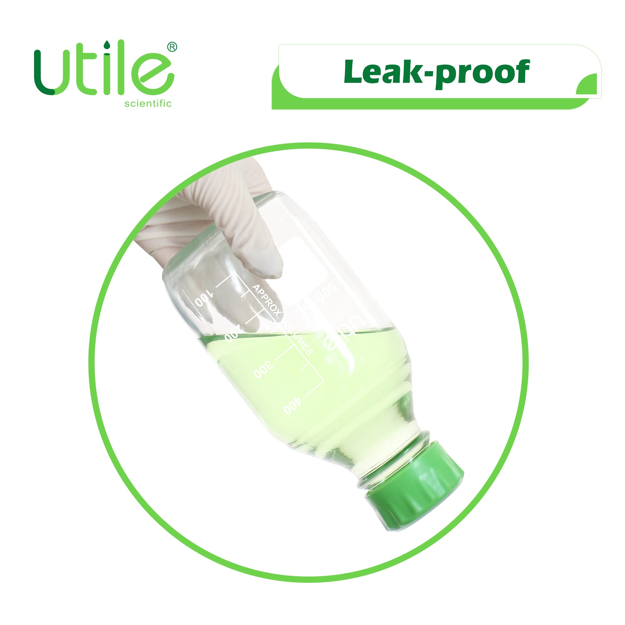 Utile Media Bottle, 3.3 Borosilicate Glass Bottles with GL45 Screw Caps, 4pcs of 500ml(16.9oz) Lab Media Bottles, PP Material Media Storage Bottle, 4038.0500.4