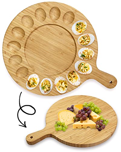 cenleoha Versatile Large Deviled Egg Platter with Handle Reversible Deviled Egg Plate Cutting Board Charcuterie Board Deviled Egg Container Bamboo Egg Holder Serving Tray