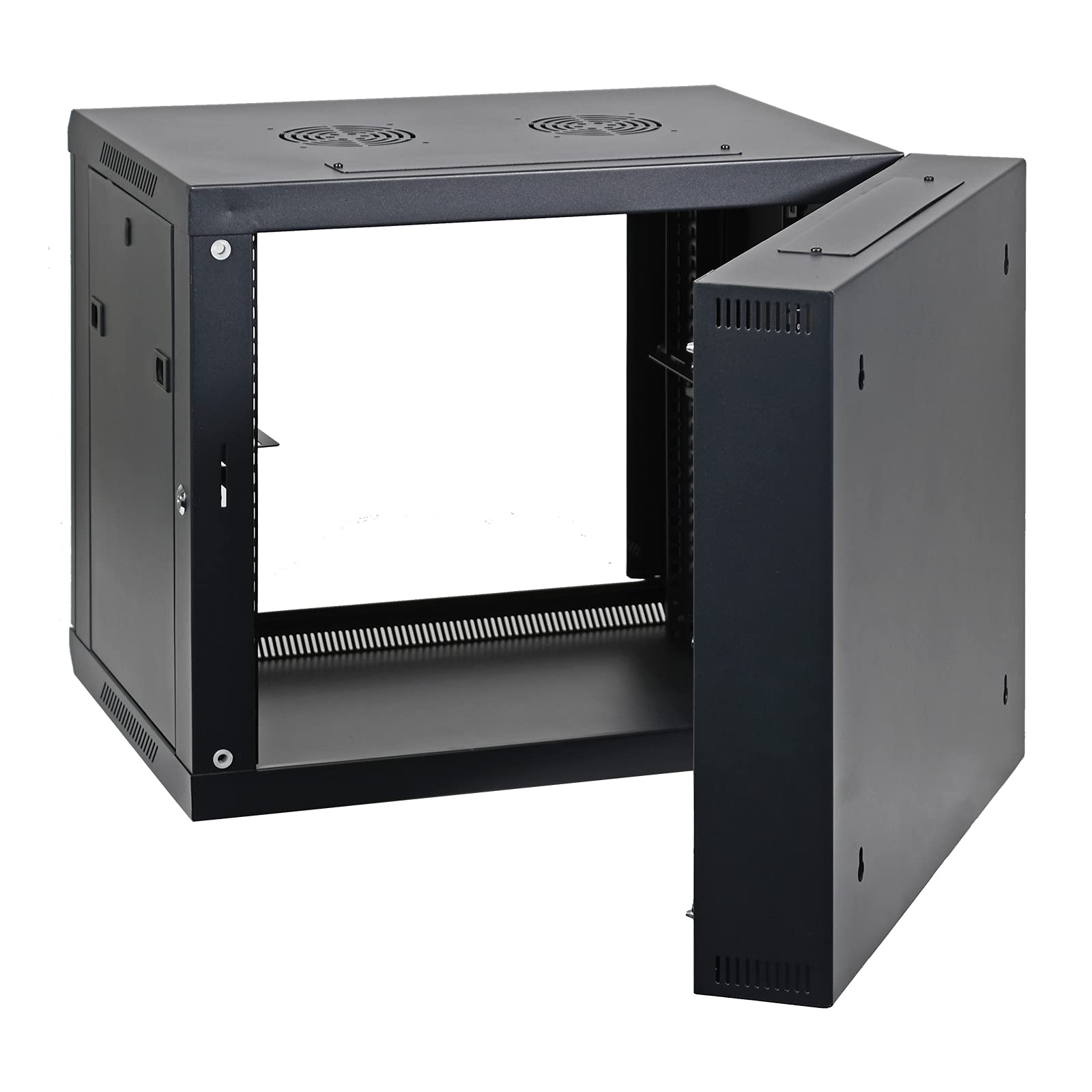 AEONS 9U Professional Wall Mount Server Cabinet Enclosure Double Section Hinged Swing Out 19-Inch Server Network Rack with Locking Glass Door Black (Fully Assembled)