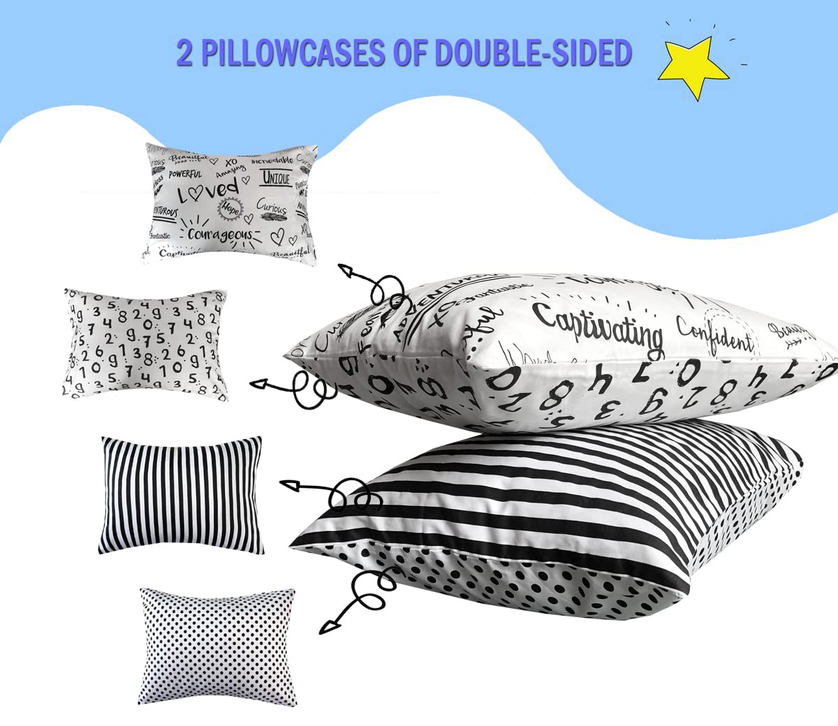 fuman 100% Cotton Toddler Pillowcases,2 Pack Soft and Breathable Travel Pillow Cases, 13"x 18",14"x 19"for Kids Bedding Great Shower Gift
