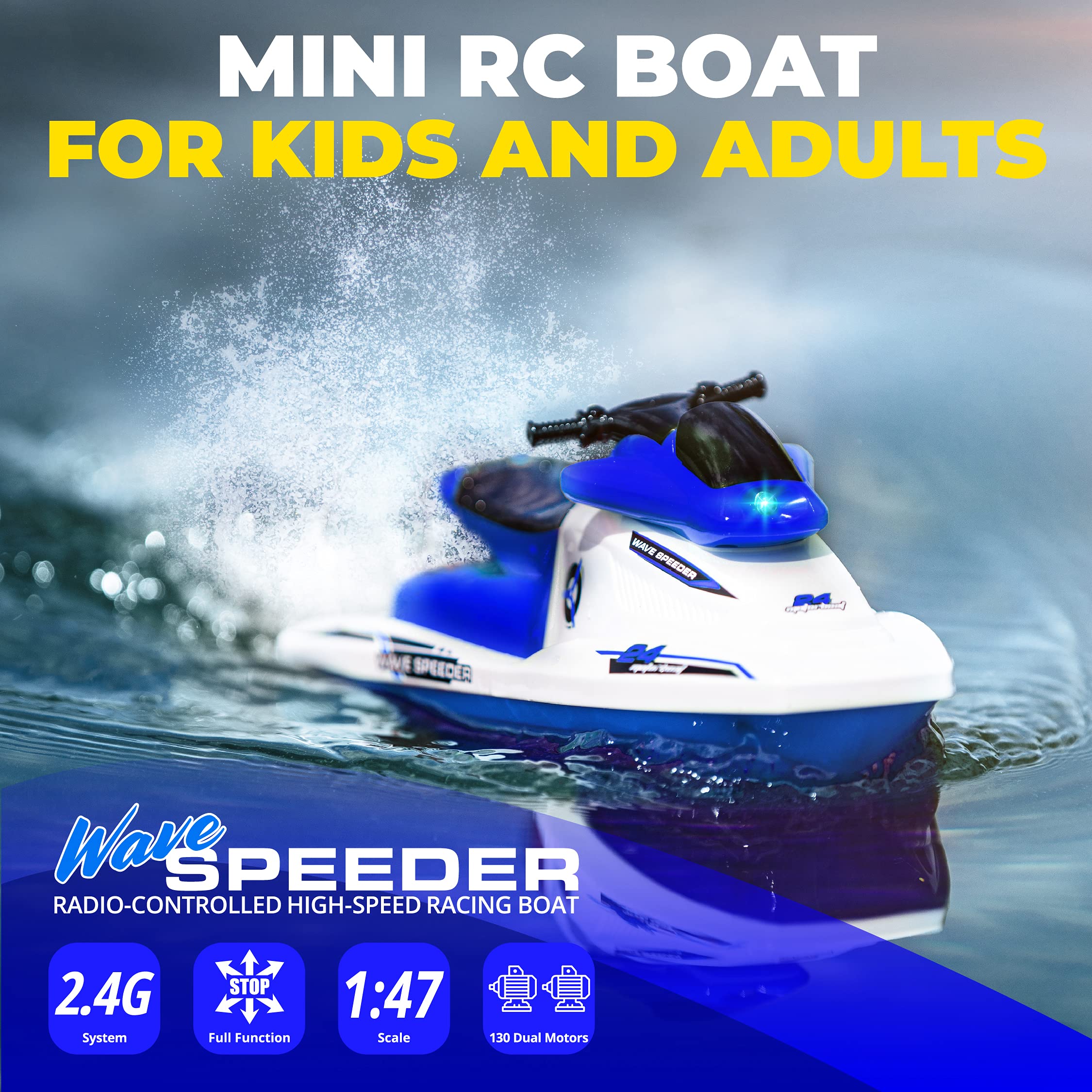 Force1 Wave Speeder RC Boat for Kids - Remote Control Boat for Pool Water or Lake Play, Mini RC Boat Toy with Remote Kid Motor Boat, Rechargeable Battery, Dual Motor, USB Charger, 2.4GHz Remote (Blue)