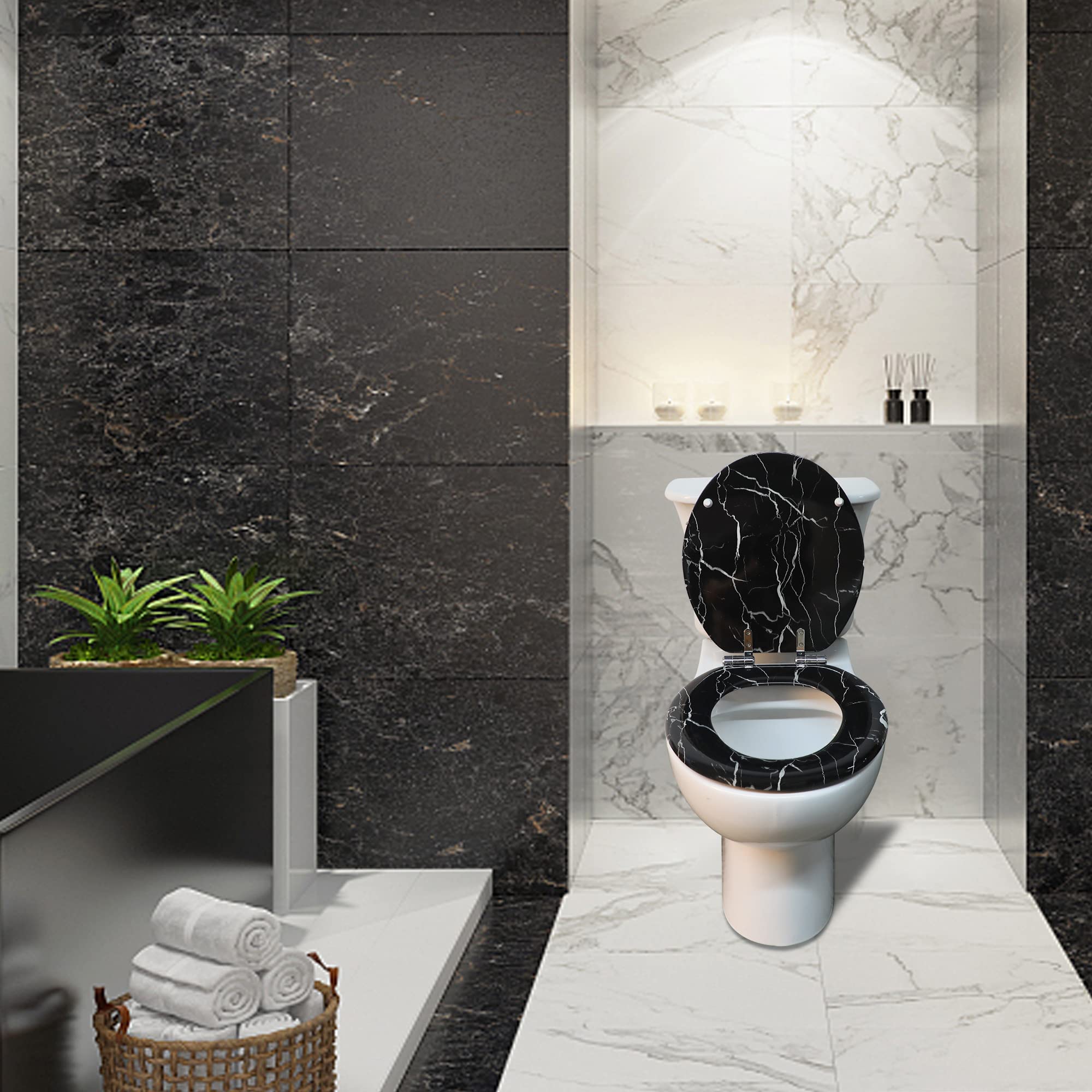 Angel Shield Marble Toilet Seat Durable Molded Wood with Quiet Close,Easy Clean,Quick-Release Hinges (Round,Black Marble)