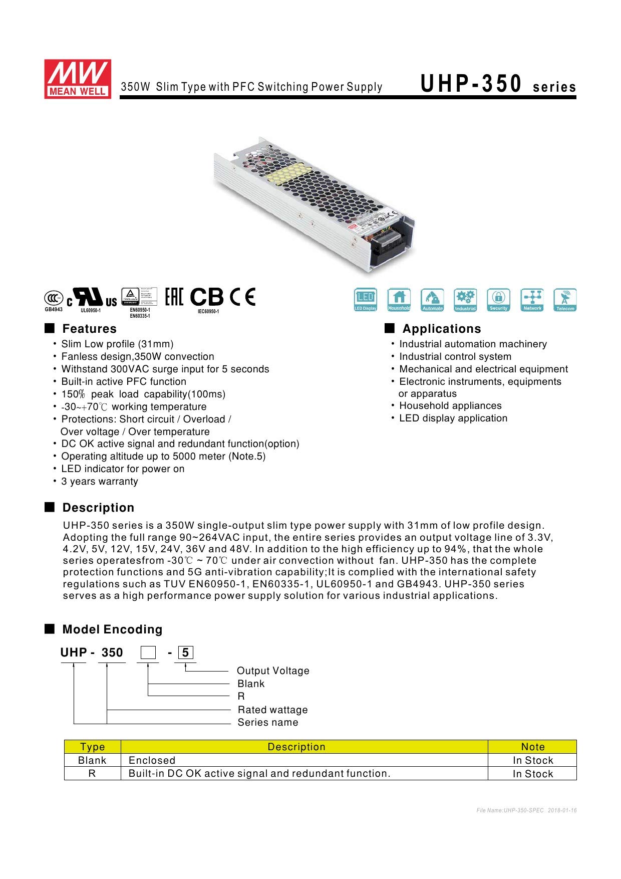 MEAN WELL UHP-350 350W Slim Type with PFC Switching Power Supply (UHP-350-5)