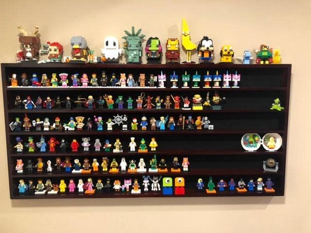 DisplayGifts Toy Minifigures Miniatures Display Case Frame Wall Cabinet Stand 200 Toys Dust Protection Mahogany Finish