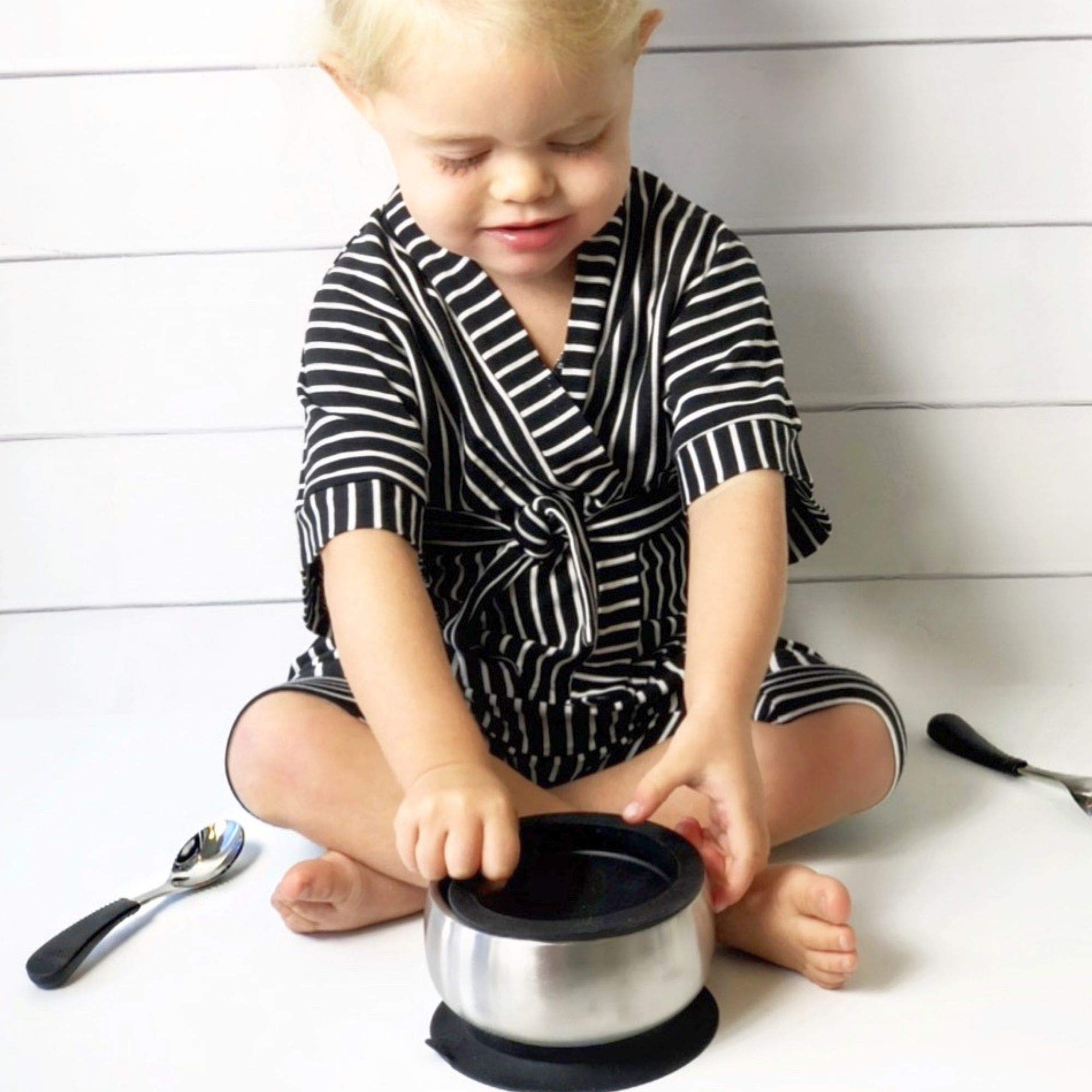 Avanchy Baby Spoons, Forks Stainless Steel and Silicone Set, Self Feeding Food Utensils, 4 Months Baby Led Weaning