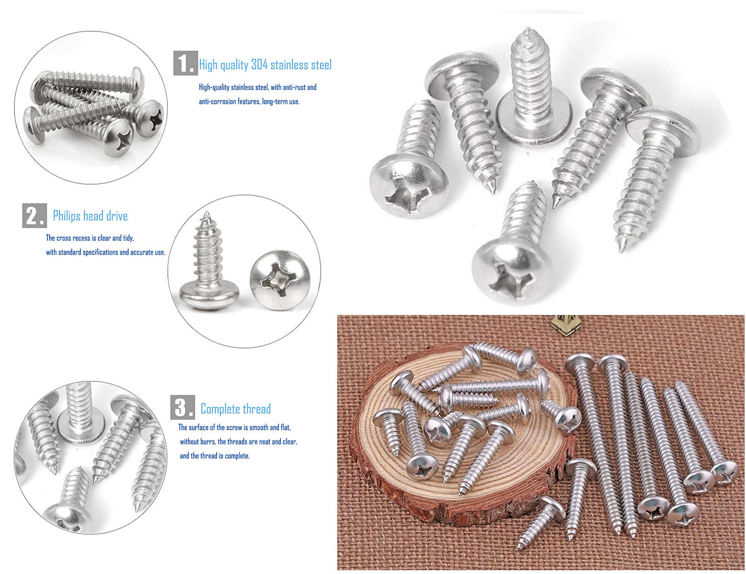 LBY 600pcs M2 M2.2 M2.6 M3 Pan Head Self-Tapping Sheetmetal Screw Assortment Kit, 12 Sizes, 304 Stainless Steel