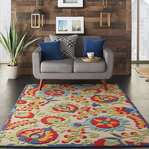 Nourison Aloha Indoor/Outdoor Multicolor 5'3" x 7'5" Area Rug, Tropical, Botanical, Easy -Cleaning, Non Shedding, Bed Room, Living Room, Dining Room, Deck, Backyard, Patio (5x7)