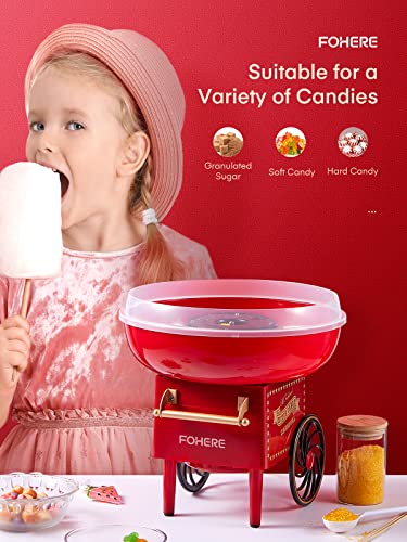 FOHERE Cotton Candy Machine for Kids, Countertop Cotton Candy Maker Homemade Candy Sweets for Birthday Parties, Includes a Scoop and 10 Candy Cones, Red Vintage