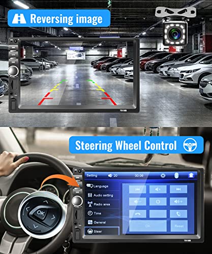Car Radio Double Din Car Stereo, Rimoody 7 Inch Touch Screen Car Radio with Bluetooth Mirror Link USB FM Radio Audio Receiver Head Unit with Backup Camera Remote Control