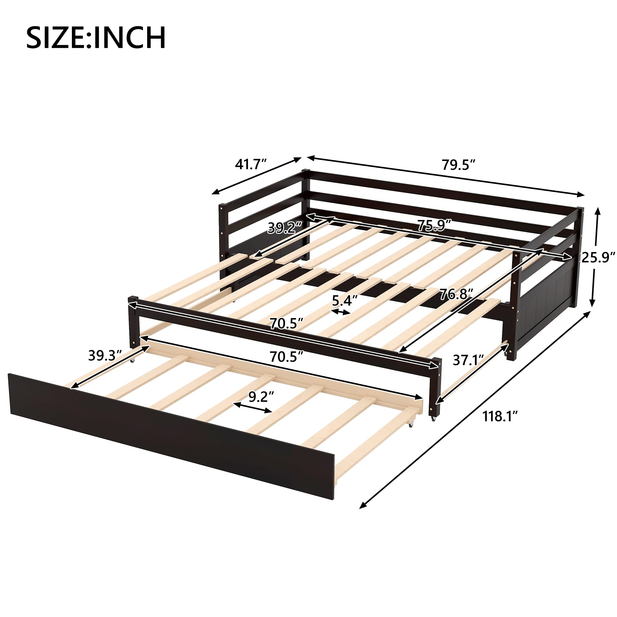 Bellemave Twin Daybed with Trundle, Espresso, Wood Extendable Day Bed Frame, Modern Furniture for Girls Boys Teens