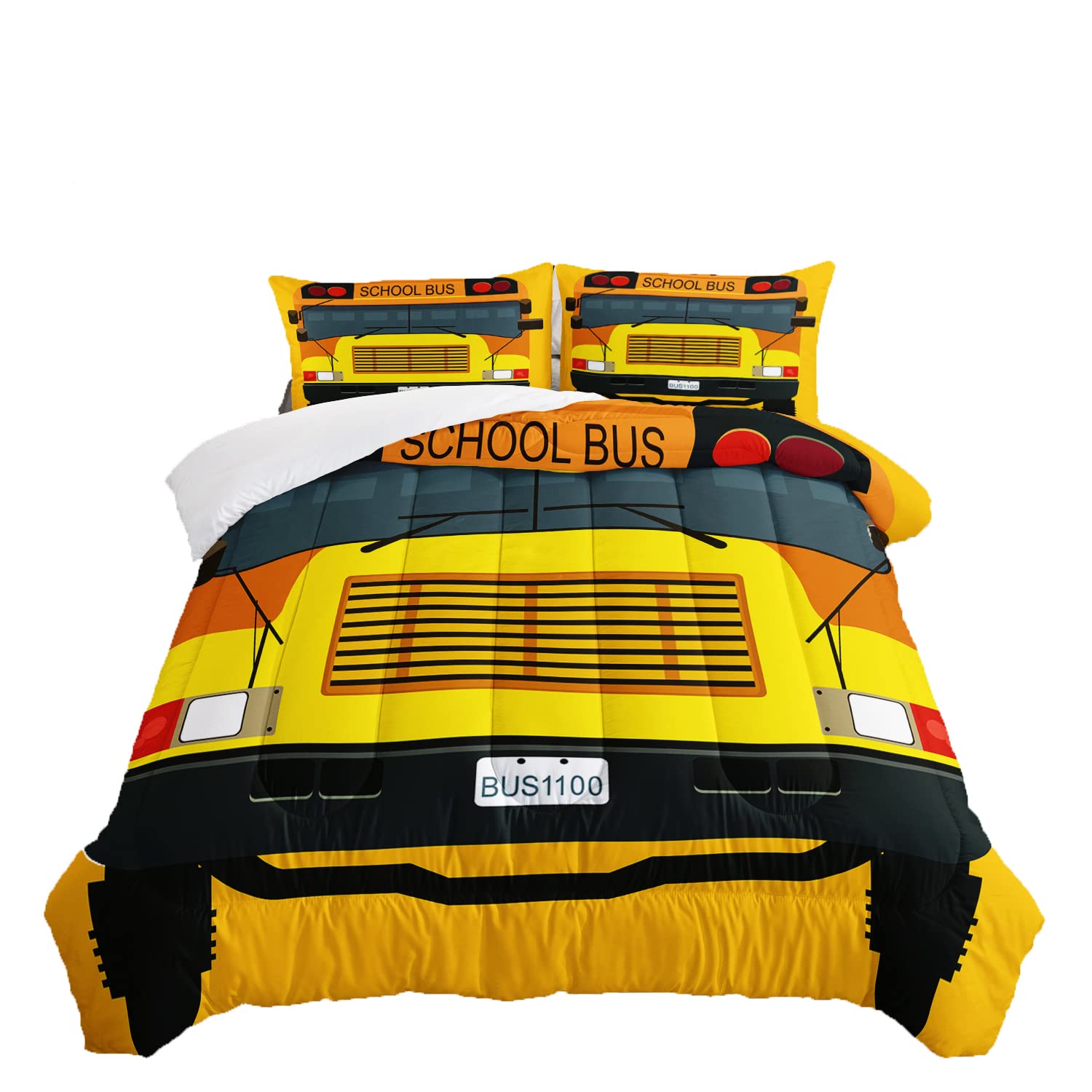 BBchose 3D Cartoon School Bus Bedding Set for Kids,Funny School Bus Ultra Soft All Seasons Comforter Set Cool Car Theme Bed Set 1 Comforter 2 Pillowcases (Queen)