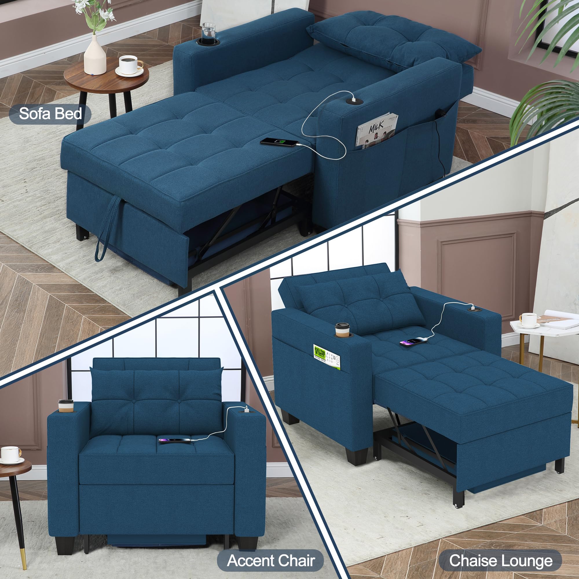 DURASPACE 39 Inch Sleeper Chair 3-in-1 Convertible Chair Bed Pull Out Sleeper Chair Beds Adjustable Single Armchair Sofa Bed with USB Ports, Side Pocket, Cup Holder (Navy Blue Linen)