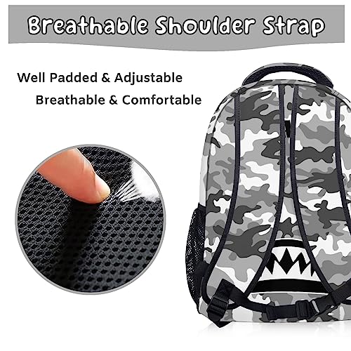Cbntnaf Shark Camo Backpack for Women Men, Gray Camo Shark Teeth Print Bookbag for Boys Girls, Large Capacity Lightweight Backpack for School Work Camping Hiking