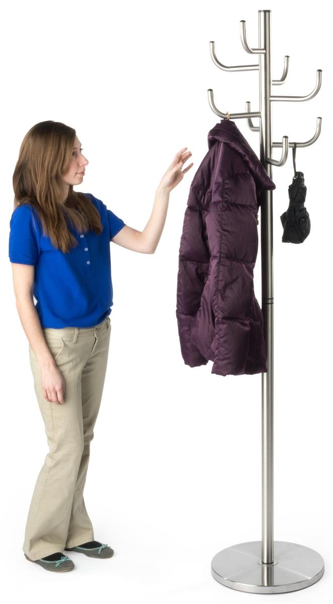 Displays2go Coat Racks with 8 Hooks, Weighted Base, Metal (Stainless Steel) – Brushed Silver Finish (CTHNGCRSV)