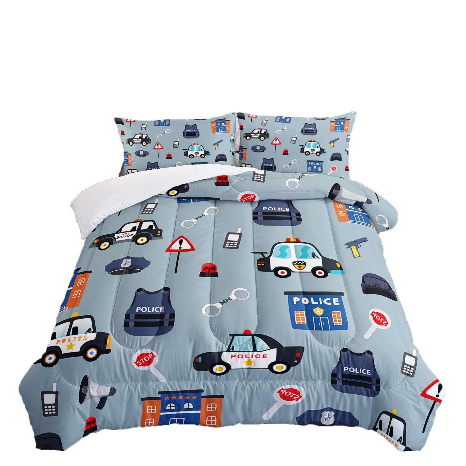 BBchose 3D Cartoon Police Car Bedding Set for Kids,Lovely Police Equipment Ultra Soft All Seasons Comforter Set Kawaii Police Theme Bed Set 1 Comforter 2 Pillowcases (Blue, Twin)