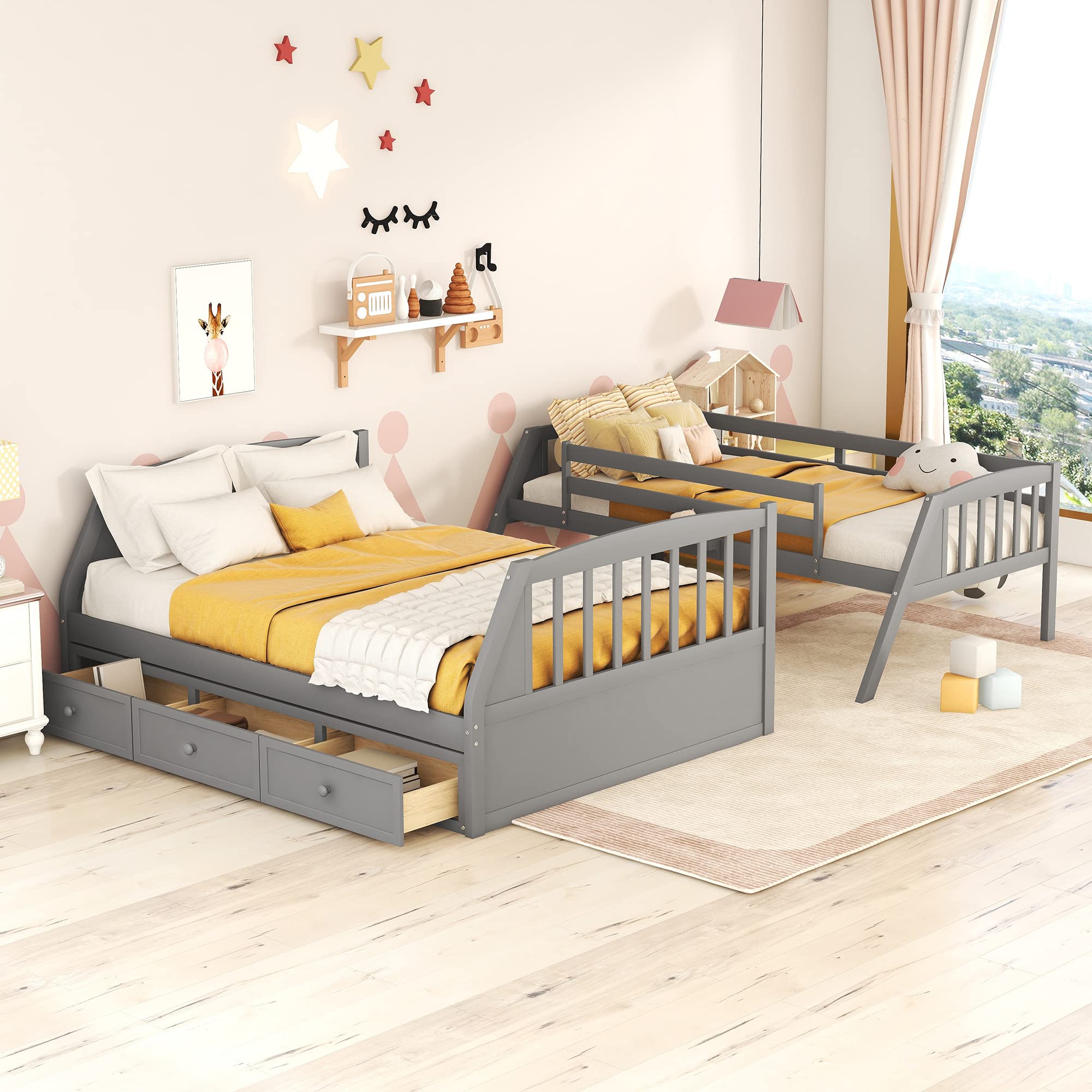 Bellemave Twin Over Full Bunk Bed with Stairs and Storage Drawers, Wood Bunk Bed Frame with Three Drawers and Shelves, Modern Detachable Bunked Frame for Kids Boys Girls Teens, Gray