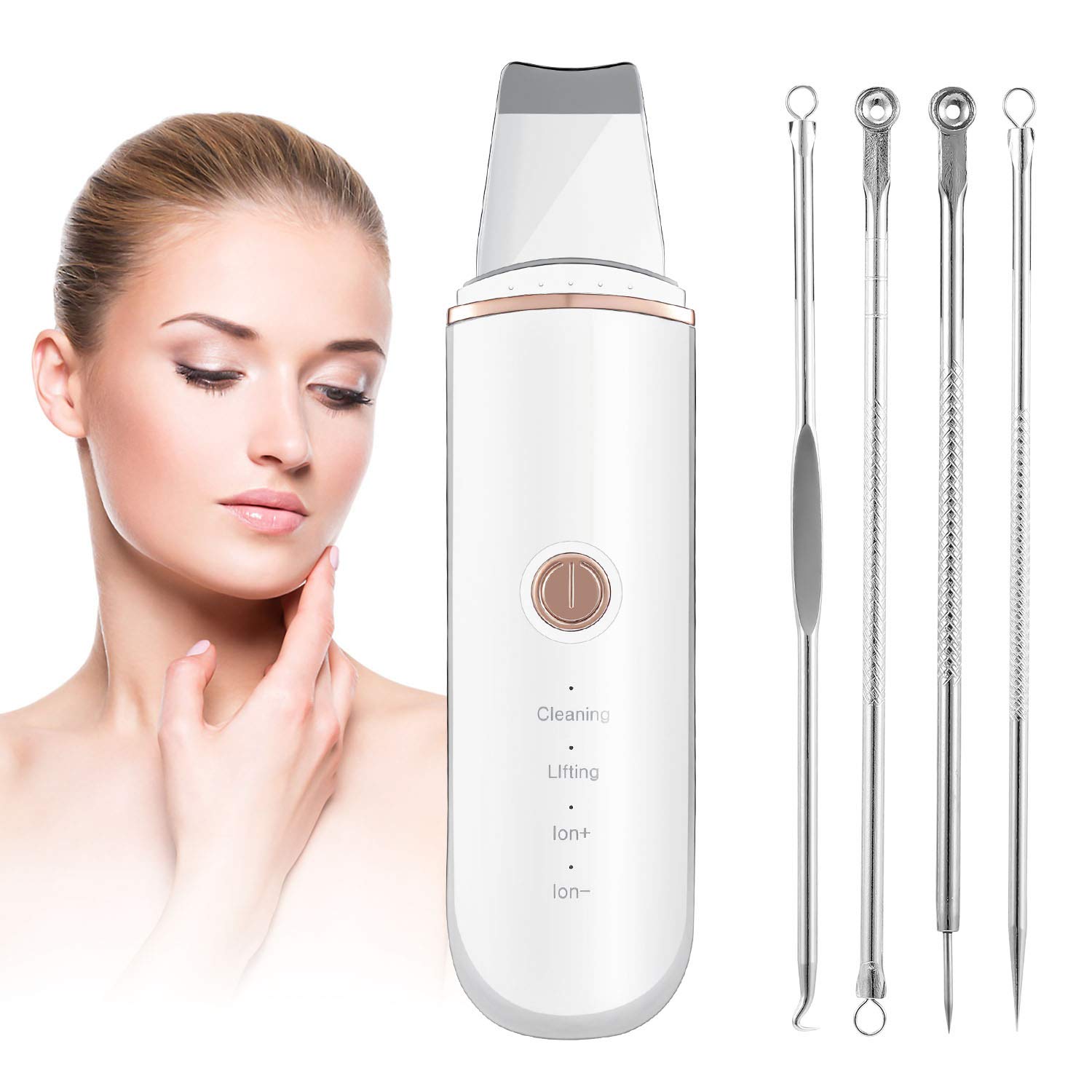 Skin Scrubber, Skin Spatula, Pores Cleanser Exfoliator Blackhead Remover Comedones Extractor for Facial Deep Cleansing with 4 Modes Include 4 Pcs Acne Reml Tool