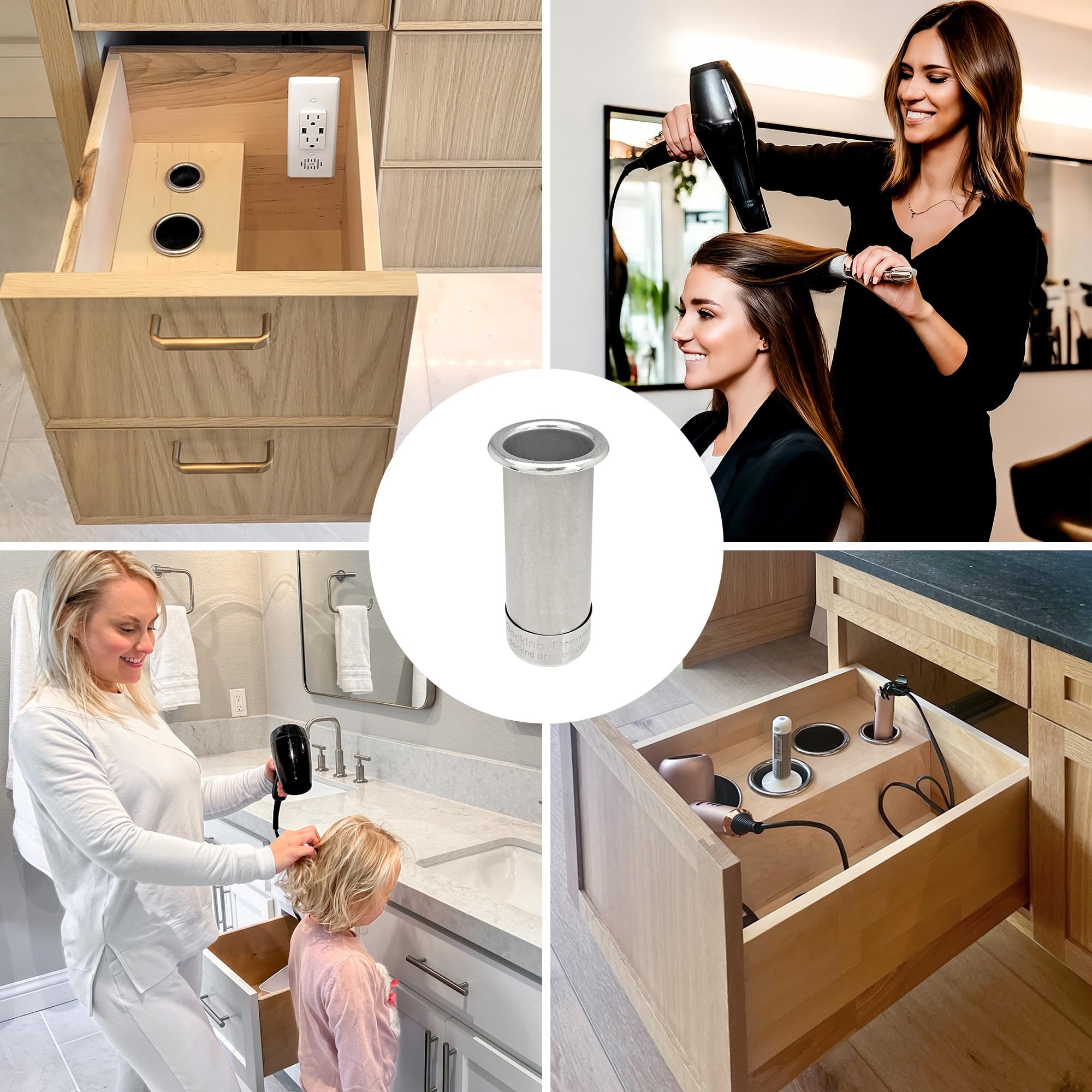 Docking Drawer 2.0" Canister for Hot Tools, Hair Dryer, Curling Iron, and Flat Iron Holder Tube RIng Capped Stainless Steel
