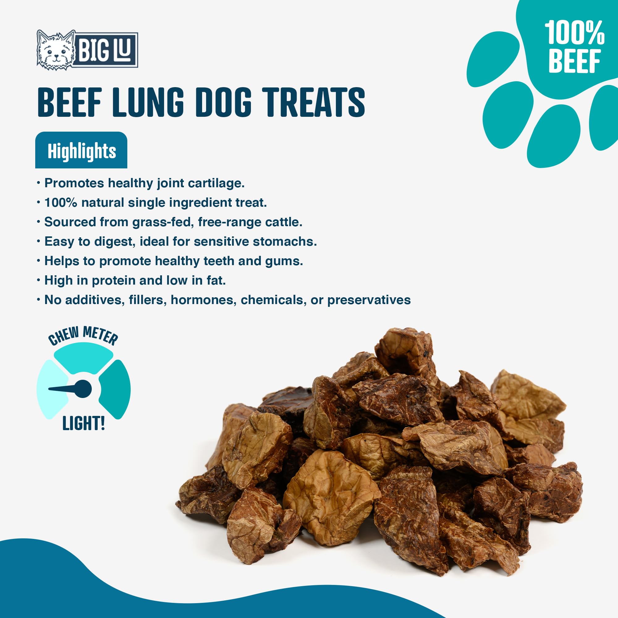 Big Lu - Beef Lung Dog Treats, Premium 100% Beef, All-Natural Dog Chews, Rich in Glucosamine and Chondroitin for Joint Health, Bite-Sized Chunks (12 Ounce)
