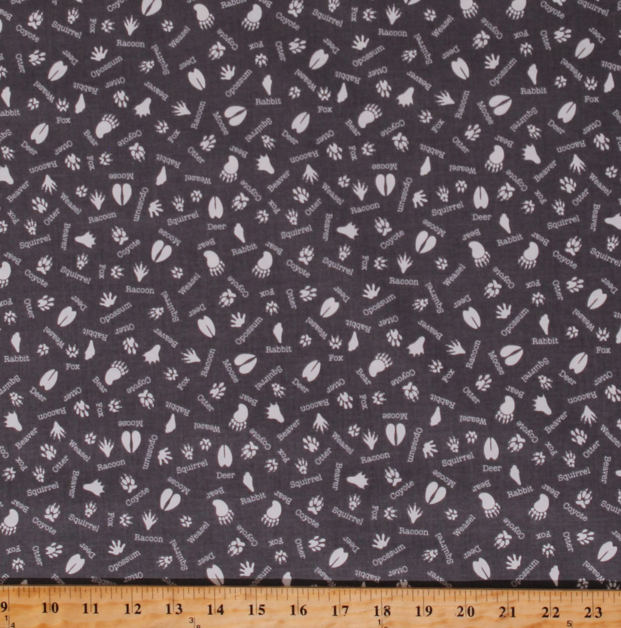 Cotton Animal Trails Tracks Footprints Indentations Moose Racoon Otter Fox Coyote Beaver Squirrel Bear Rabbit Deer Into The Woods Gray Cotton Fabric Print by The Yard (D371.58), 44 Inches