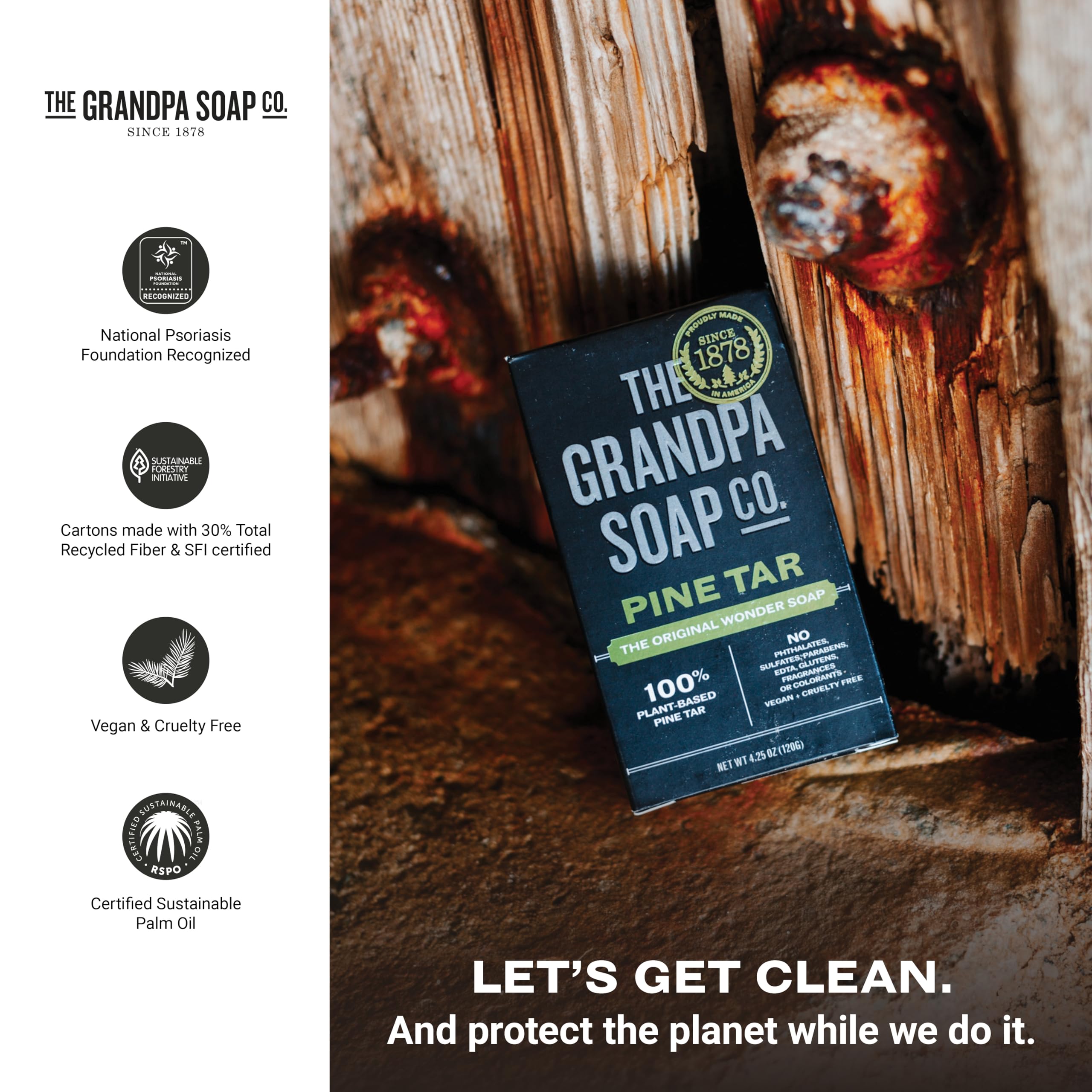 The Grandpa Soap Company Pine Tar Bar Soap for Men- Made With Pine Tar Oil, 3 in 1 Cleanser Deodorizer and Moisturizer, Dermatologist Tested, Safe for Sensitive Skin, 4.25 Oz, 8 Pack