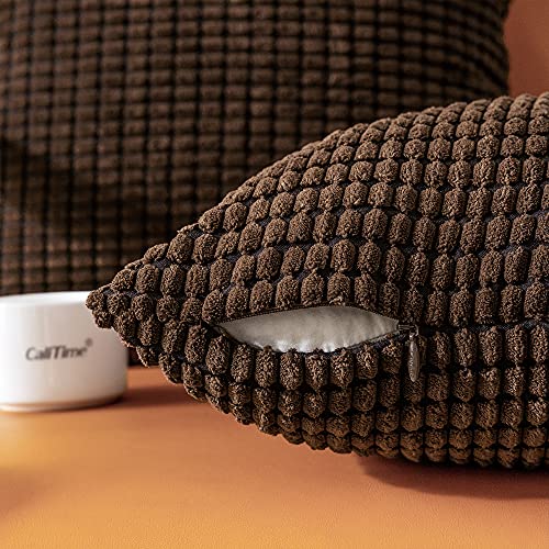 CaliTime Pack of 2 Comfy Throw Pillow Covers Cases for Couch Sofa Bed Decoration Comfortable Supersoft Corduroy Corn Striped Both Sides 18 X 18 Inches Coffee