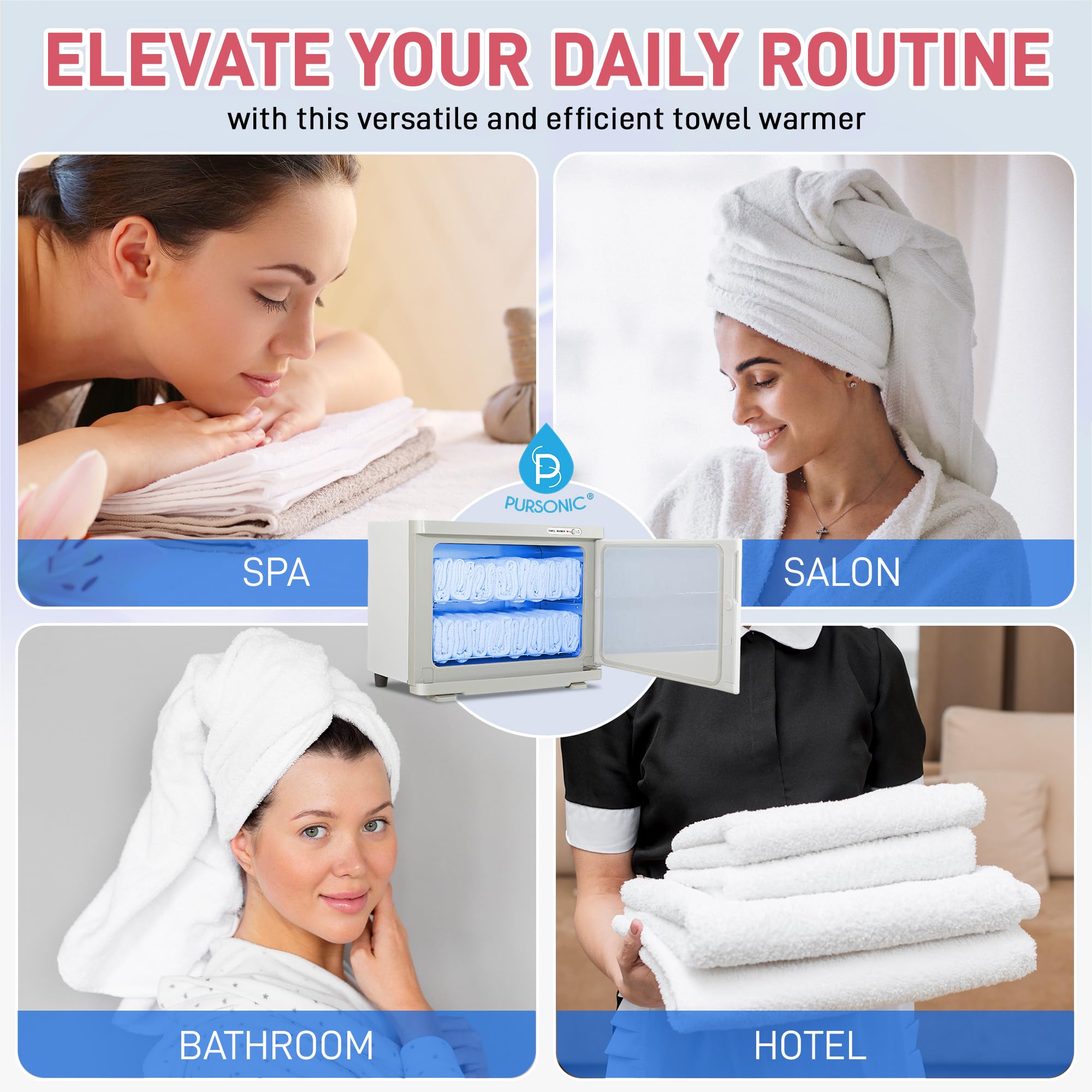 Pursonic Professional Towel Warmer with UV Sterilizer - 8L Premium Towel Warmer 360 Heating with Separate Water Tank - Aluminum Interior for Bathroom, Spa, Salon & Home (White)