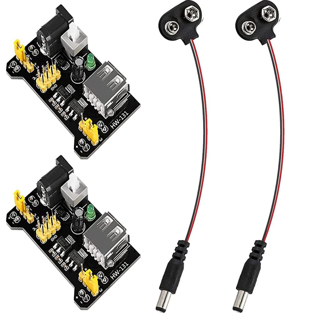 AIMPGSTL 2PCS 3.3V 5V MB102 Breadboard Power Supply Module, with 9V Battery Clip Power Cable 2.1x 5.5mm Male DC Jack Plug DC 6.5-12V USB for Arduino.