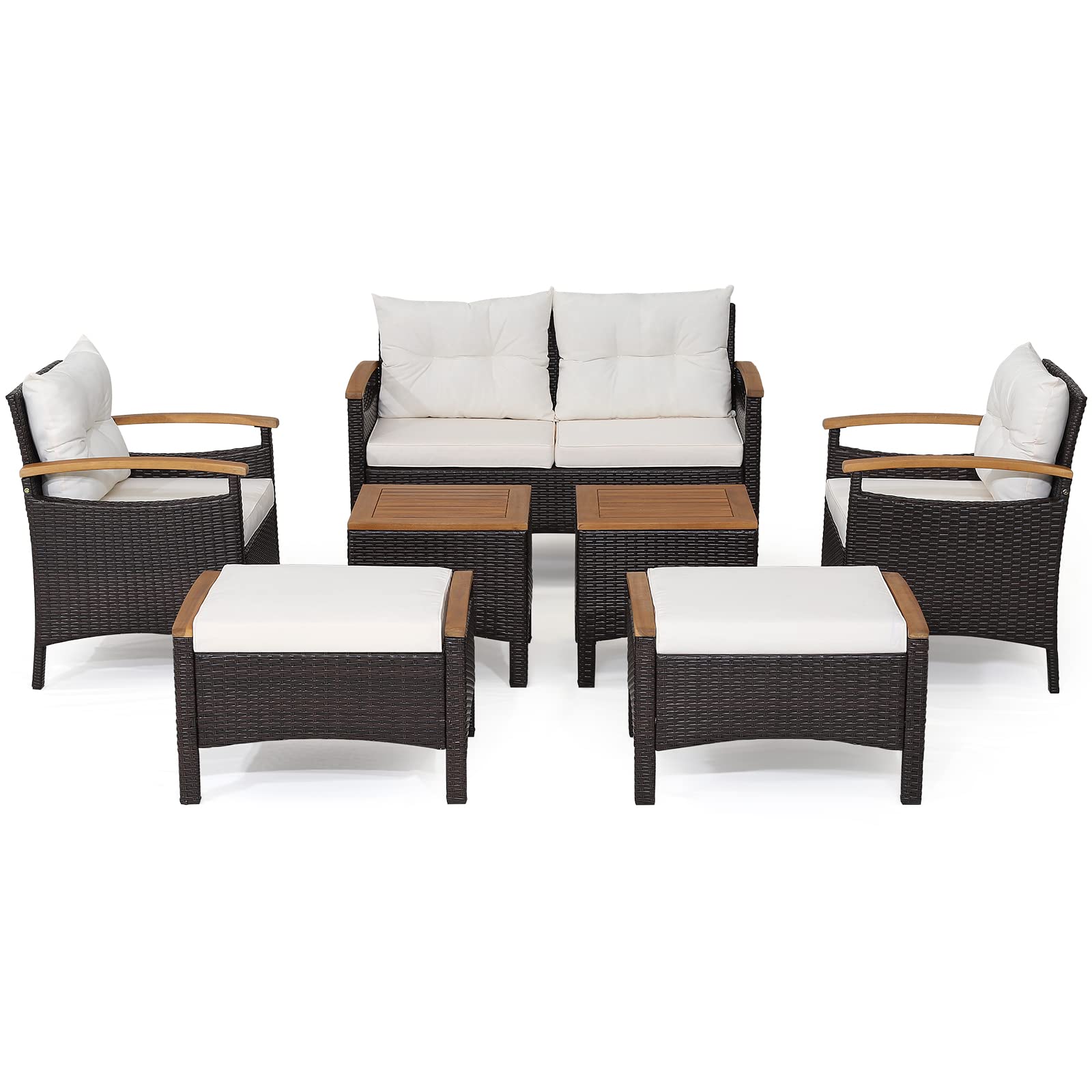 Tangkula 7 Pieces Patio Rattan Sofa Set, Outdoor Wicker Conversation Set w/Seat & Back Cushions, 2 Ottomans & 2 Coffee Tables, Acacia Wood Tabletop & Armrests, Wicker Sofa Set for Backyard, Poolside