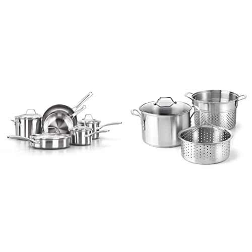 Calphalon 10-Piece Pots and Pans Set, Stainless Steel Kitchen Cookware with Stay-Cool Handles and Pour Spouts, Dishwasher Safe, Silver & Classic Stainless Steel 8 quart Stock Pot