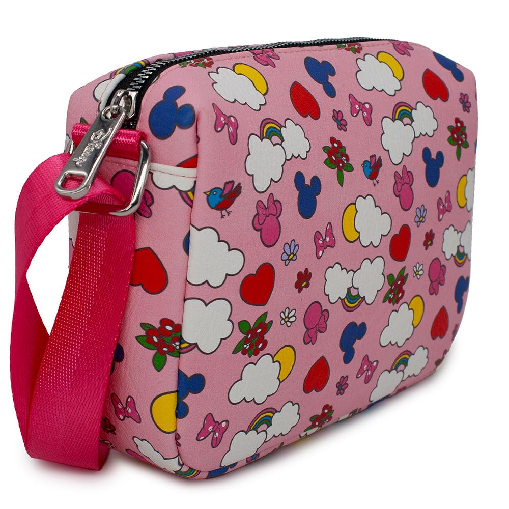 Disney Bag, Crossbody, Mickey and Minnie Rainbow and Flowers, Pink Vegan Leather