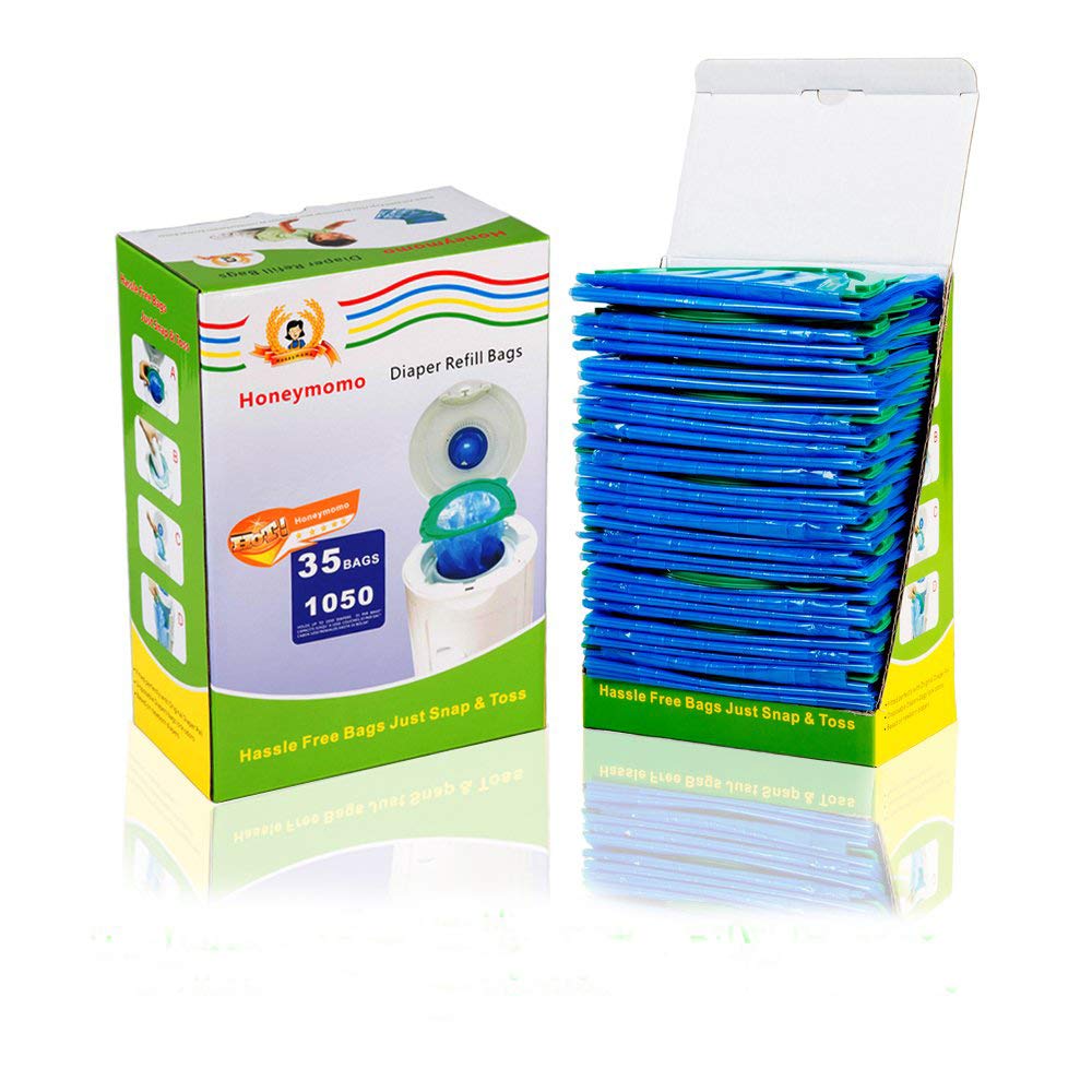 Honeymomo 35 One Box Baby Bathing Diaper Refill Bags With Blue Bags Green Ring,1050 Count Disposal Snap Seal Diaper Pail Liners,Fully Compatible with Arm&Hammer Disposal System