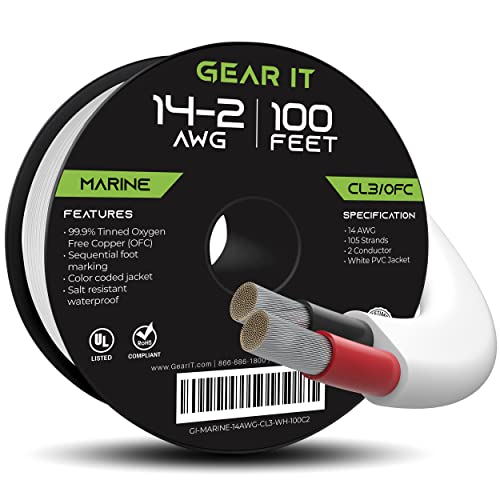 GearIT 14/2 Marine Wire (100 Feet) 14AWG Gauge - Tinned OFC Copper/Marine Grade Speaker Cable/Duplex / 2 Conductors - OFC Oxygen-Free Copper, White 100ft