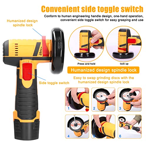 Angle Grinder, Geevorks Mini Angle Grinder 12V 19500RPM, Electric Grinding Tool for Cutting Polishing Ceramic Tile Wood Stone Steel, with 2 Cutting Disc/2PCS 1200mAh Battery